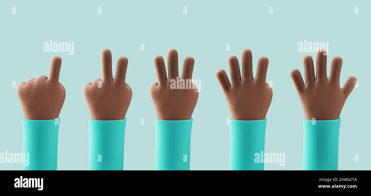 Cartoon person hands counting from one to five with fingers. 3d render ...