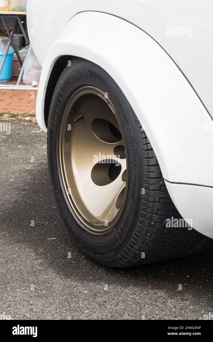 Close up detail of a bronze Campagnolo rear alloy wheel on a ...