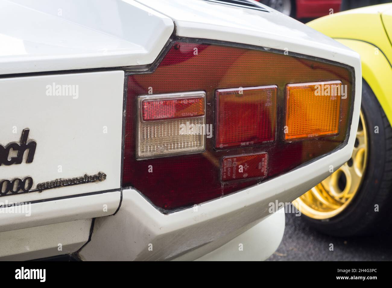 Close up detail of the rear light cluster on a white Lamborghini ...