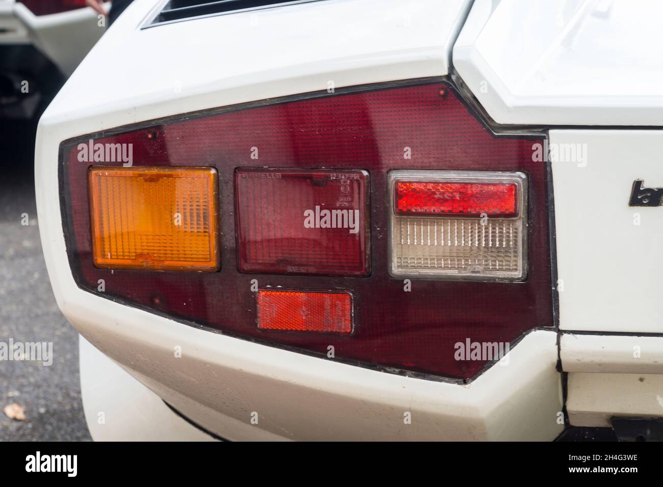 Close up detail of the rear light cluster on a white Lamborghini ...