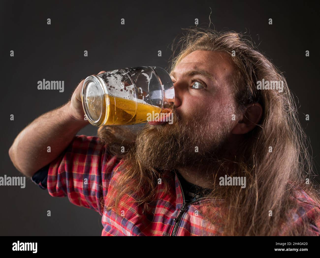 Messy man with long hair and beard drinking beer from mug in studio ...