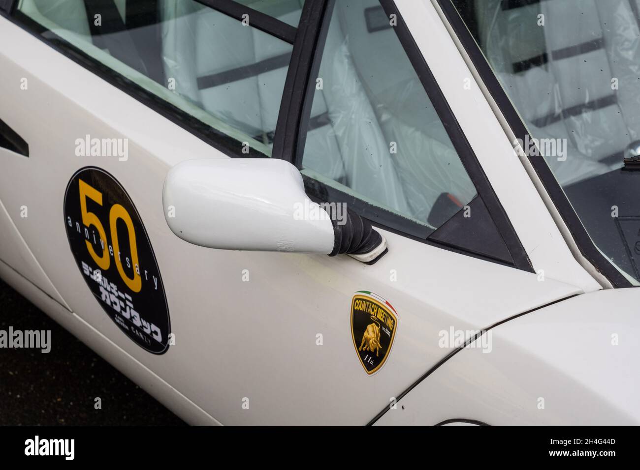 Close up detail of the right scissor door on a white Lamborghini ...