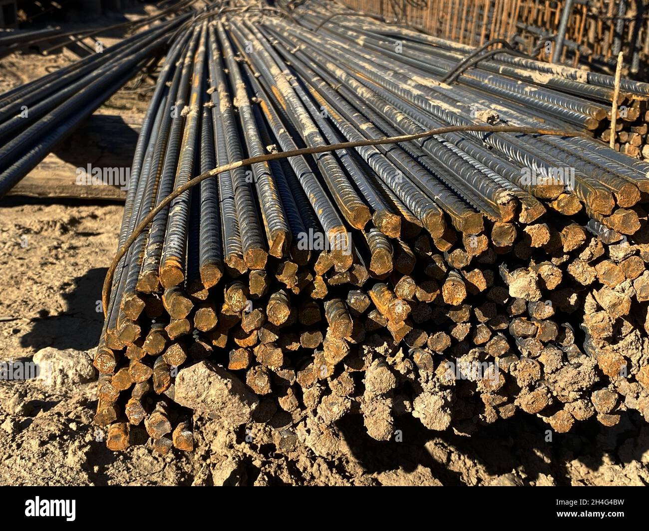 Steel rebar for reinforcement concrete at the construction site Stock ...