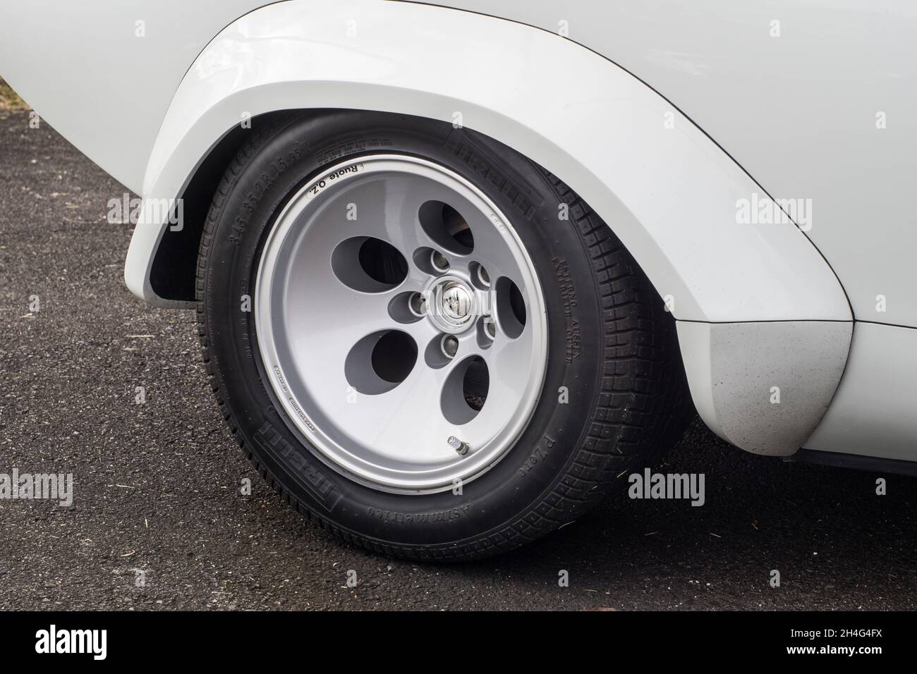 Close up detail of a silver Campagnolo alloy rear wheel on a white ...