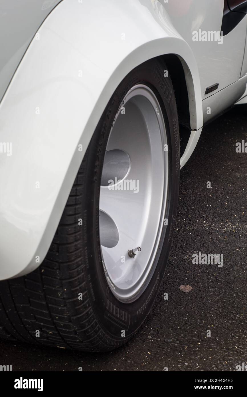 Close up detail of a silver Campagnolo alloy rear wheel on a white ...