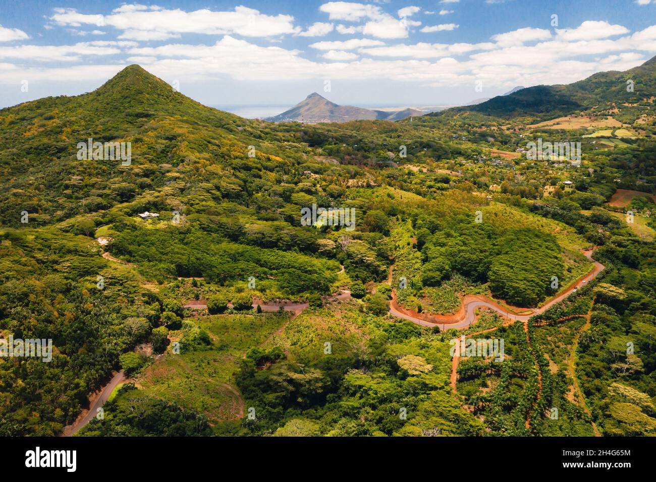 Bird's-eye view of the mountains and fields of the island of Mauritius ...