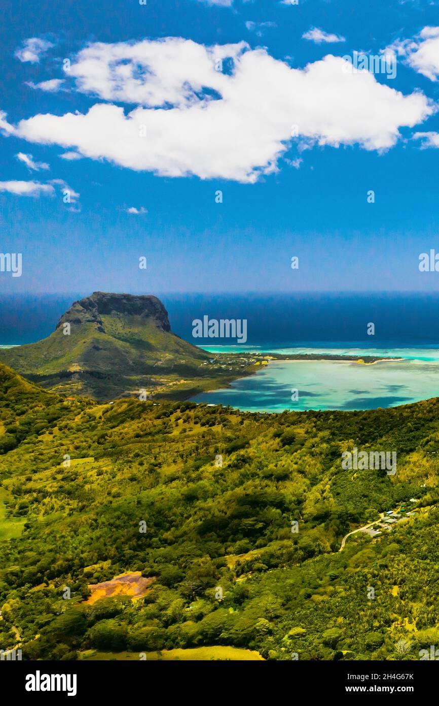 A bird's-eye view of Le Morne Brabant, a UNESCO world heritage site ...