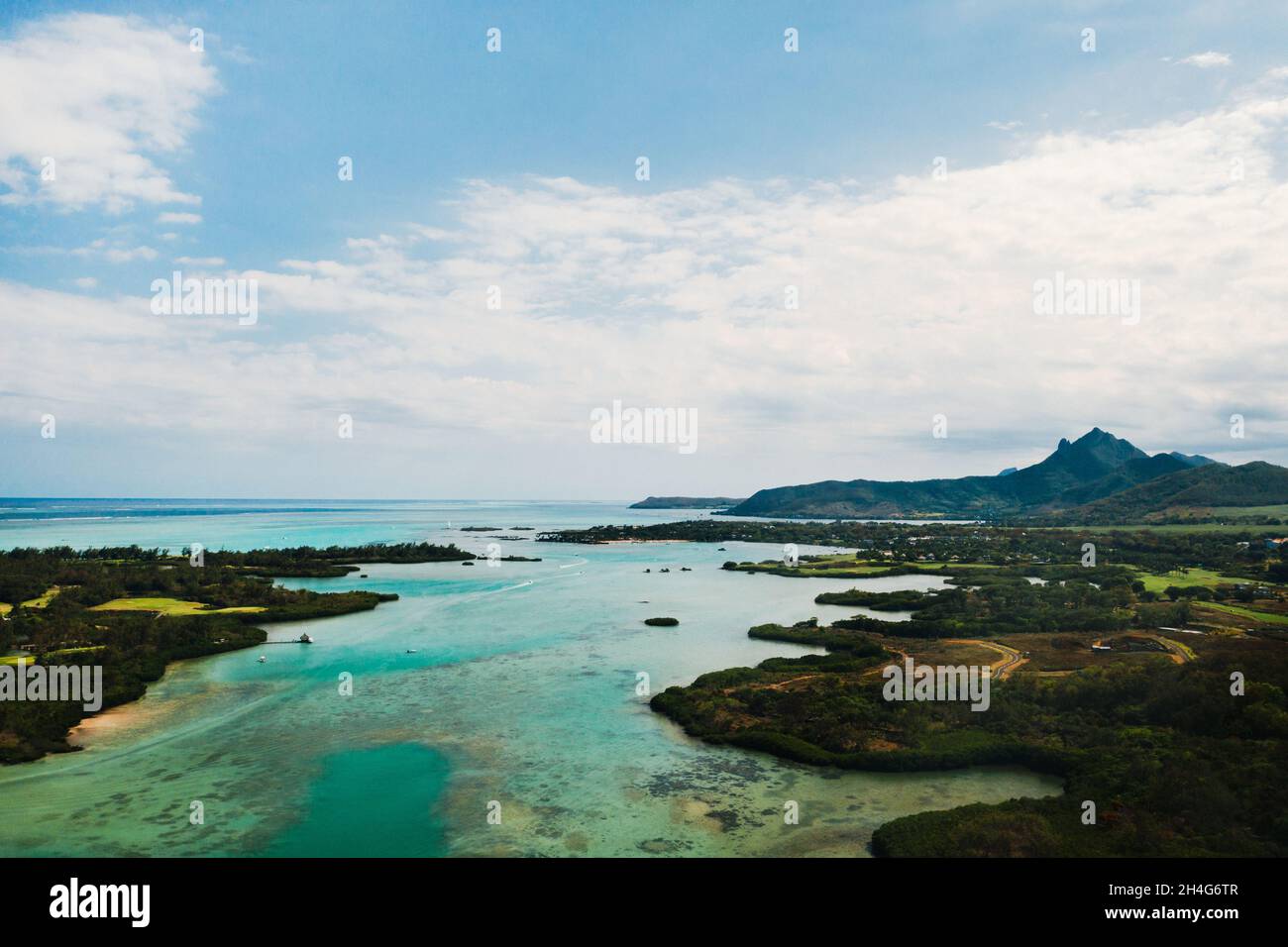 Aerial picture of the east coast of Mauritius Island. Beautiful lagoon ...