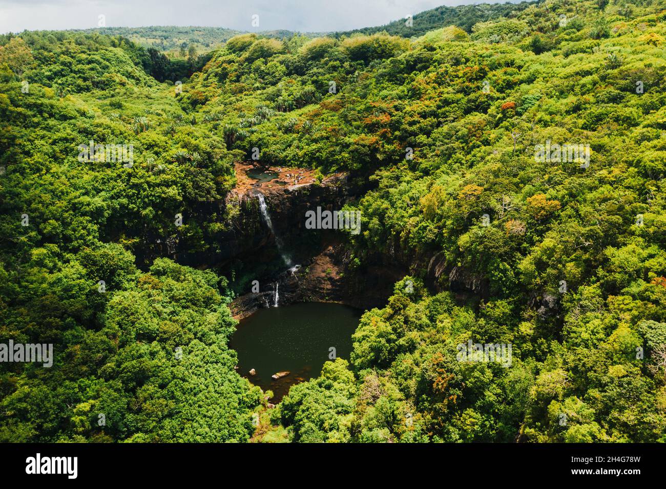 Aerial view from above of the Tamarin waterfall seven cascades in the ...