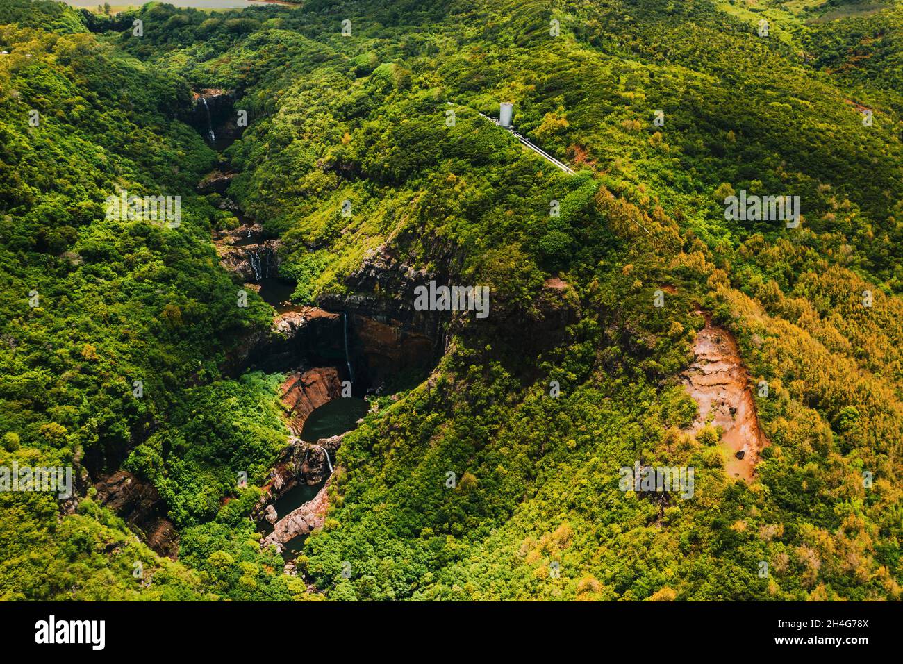 Aerial view from above of the Tamarin waterfall seven cascades in the ...