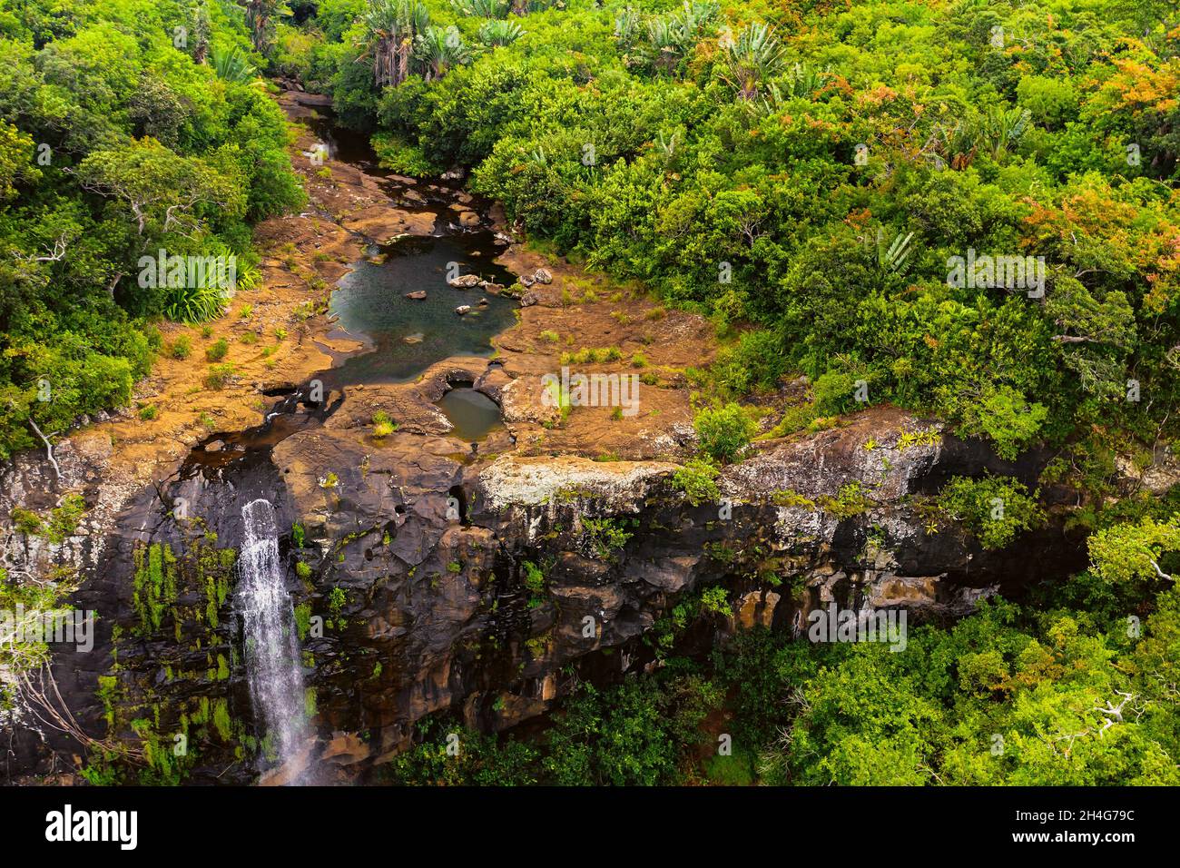 Aerial view from above of the Tamarin waterfall seven cascades in the ...