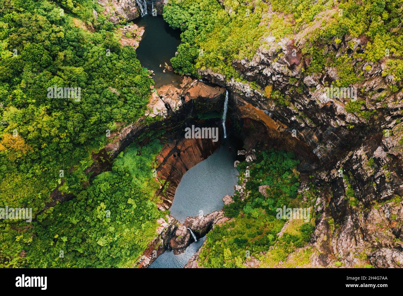 Aerial view from above of the Tamarin waterfall seven cascades in the ...