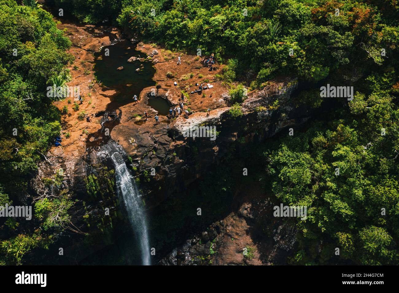 Aerial view from above of the Tamarin waterfall seven cascades in the ...