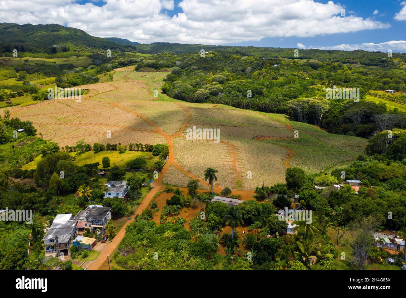 Bird's-eye view of the mountains and fields of the island of Mauritius ...