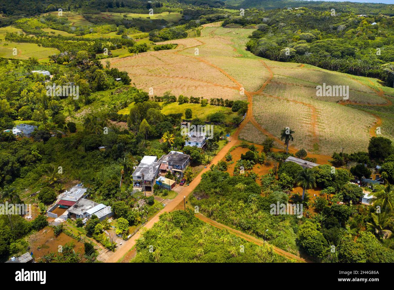 Bird's-eye view of the mountains and fields of the island of Mauritius ...