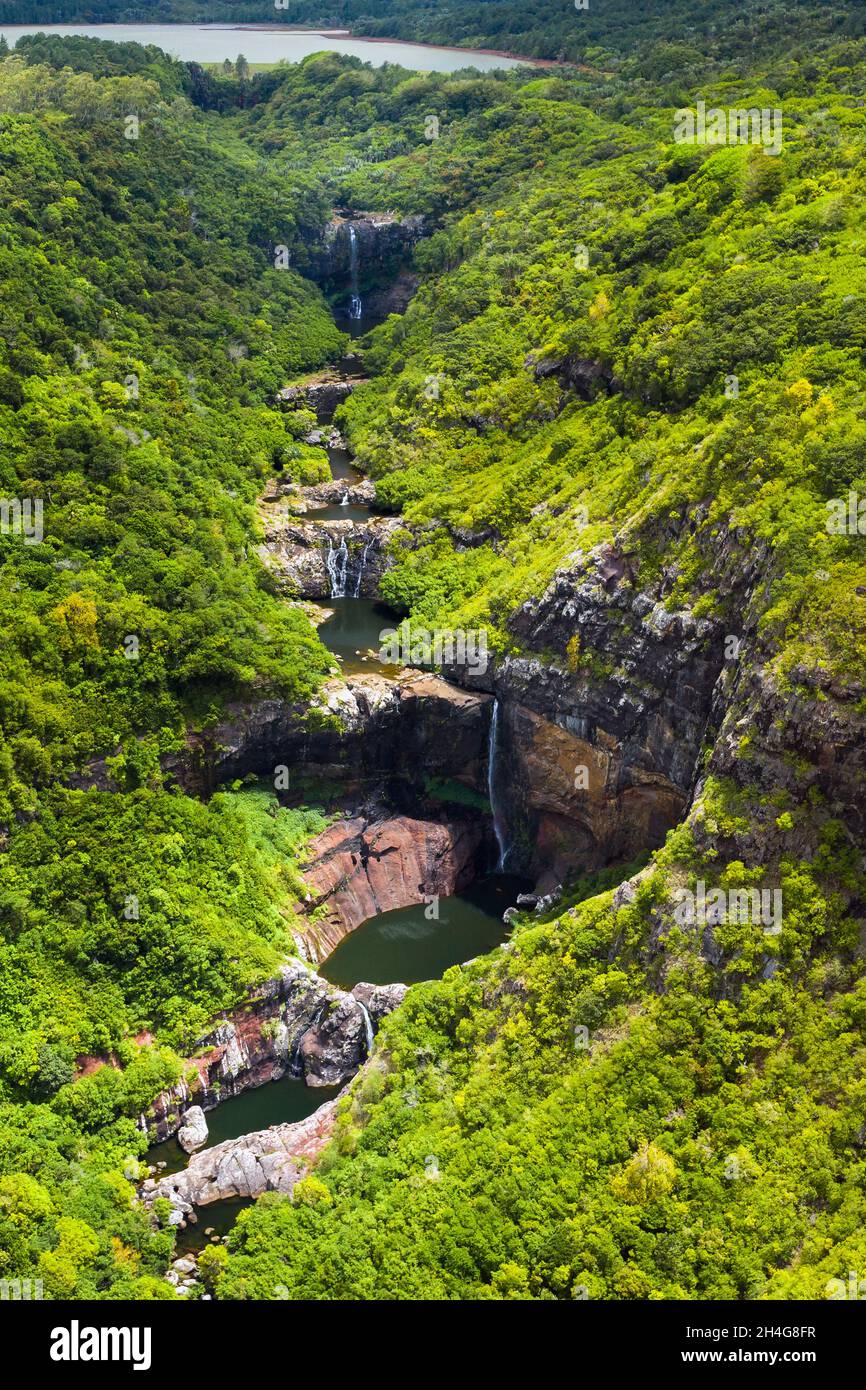 Aerial view from above of the Tamarin waterfall seven cascades in the ...