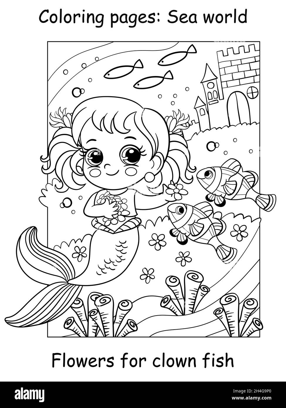 Beauty cute mermaid plays with clown fishes. Coloring book page for ...