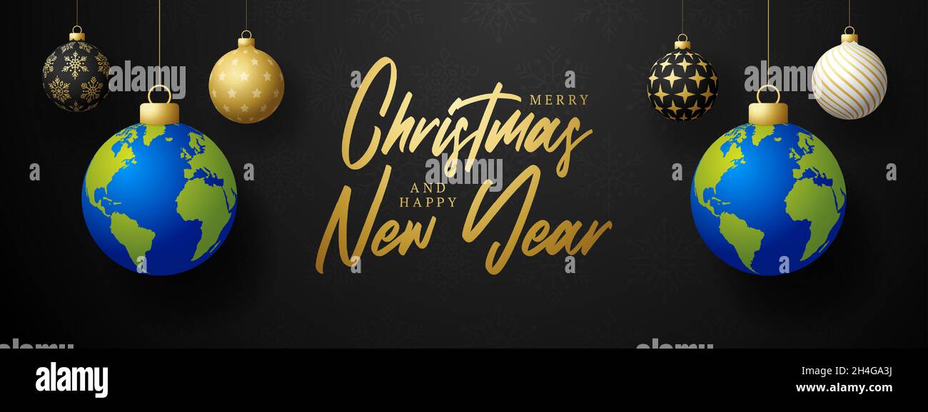 planet earth Christmas ball card. Merry Christmas world greeting card ...