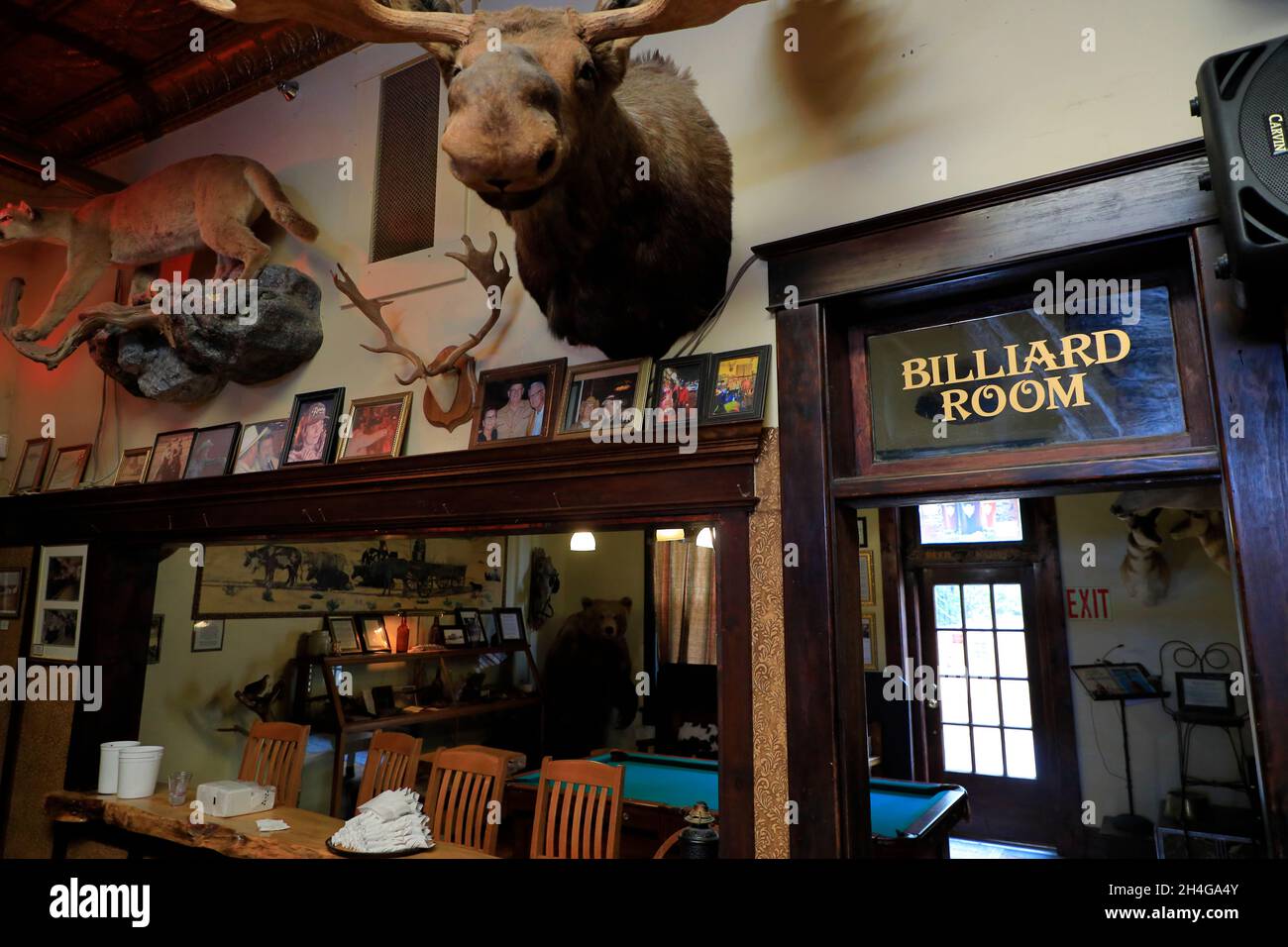 Billiard room with taxidermied animal heads in historic Occidental ...