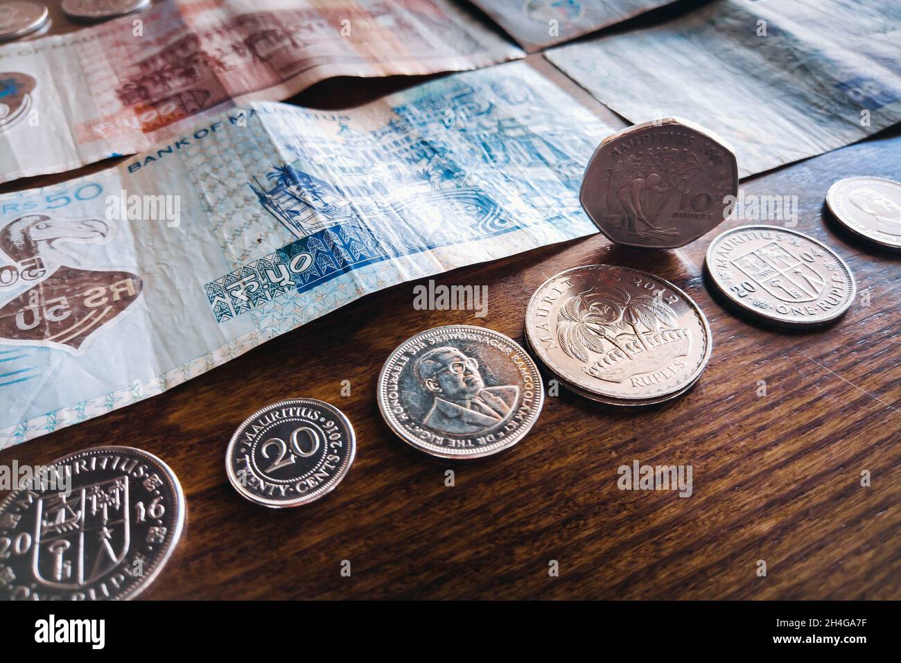 Mauritius money Mauritius Rupee MUR notes and coins close up Stock ...