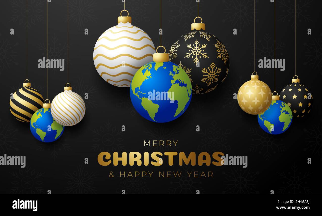 planet earth Christmas ball card. Merry Christmas world greeting card ...
