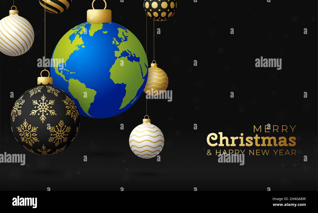 planet earth Christmas ball card. Merry Christmas world greeting card ...
