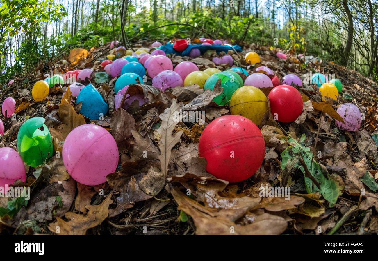 Discarded damaged coloured plastic balls in a forest setting Stock ...