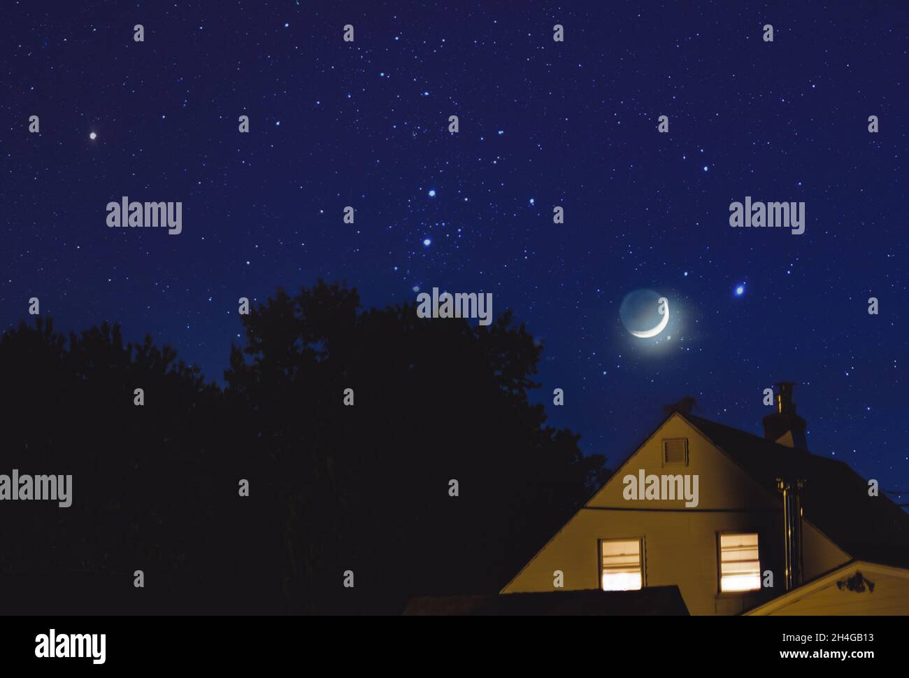 Beautiful scenery of a tree home under a dark blue sky at night with a ...