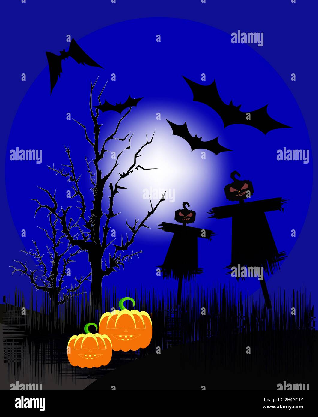 Halloween night background two scary black scarecrow, bats and blue ...
