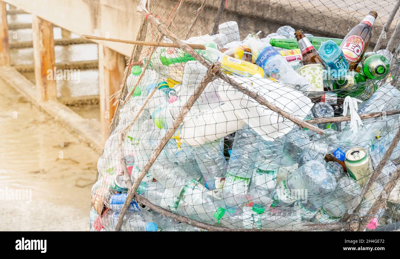 Rayong / THAILAND - OCT 13, 2021: Used plastic water bottles for waste ...