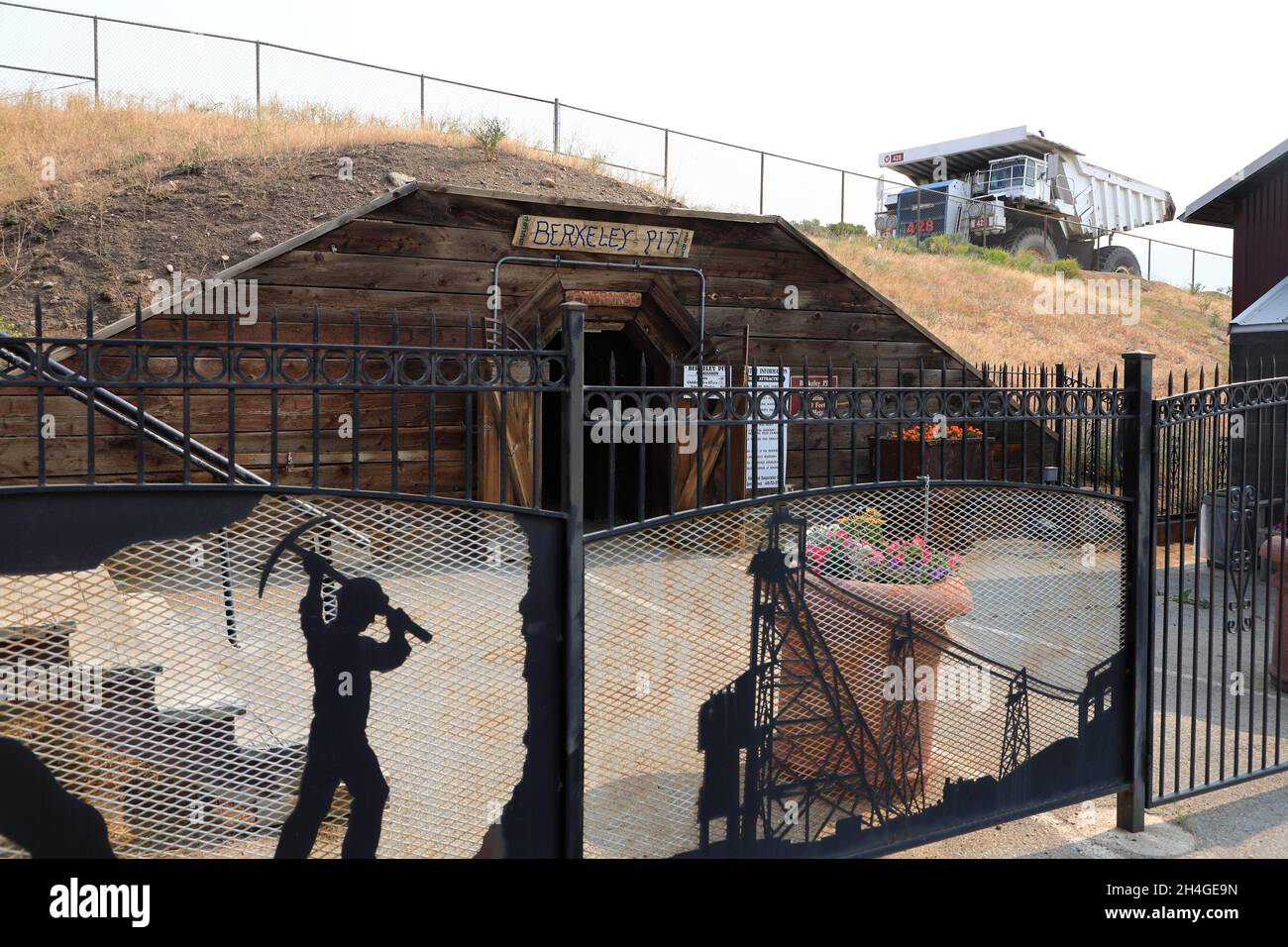 The entrance to Berkeley Pit an abandoned open pit copper mine in Butte ...