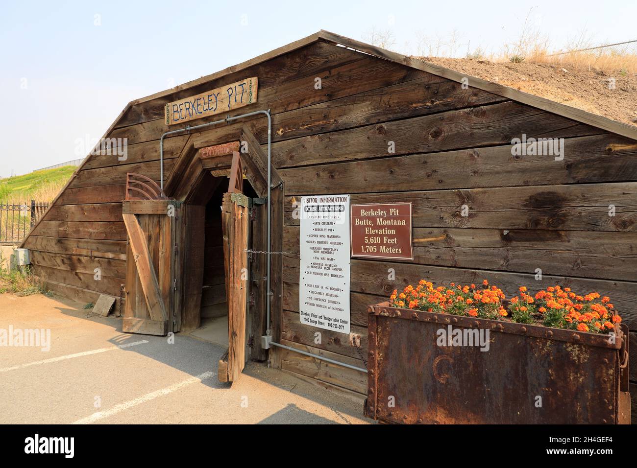 The entrance to Berkeley Pit an abandoned open pit copper mine in Butte ...