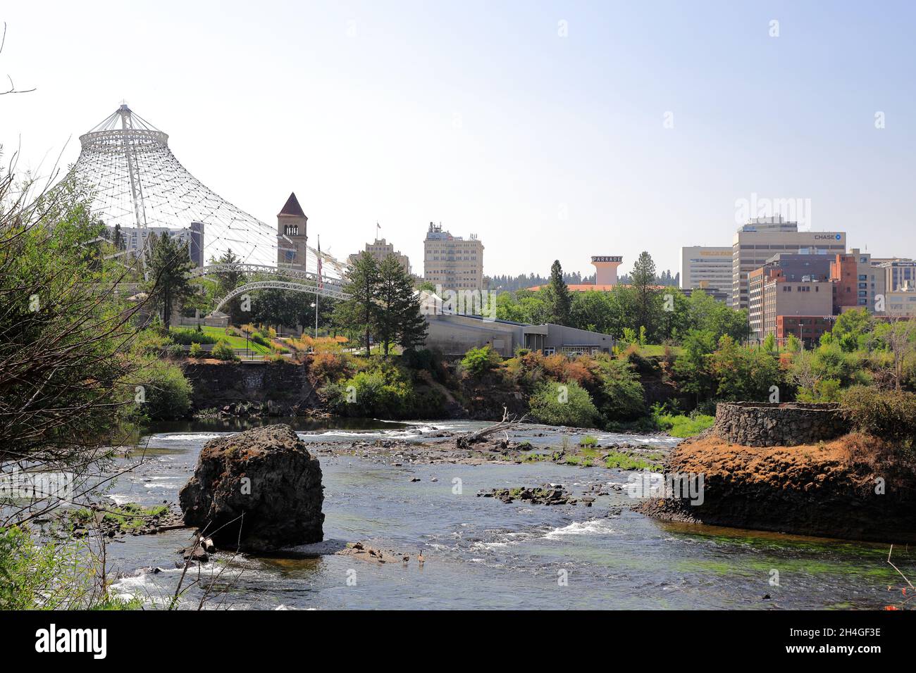 Spokane River with the Pavilion in Riverfront Park and the Clock Tower ...