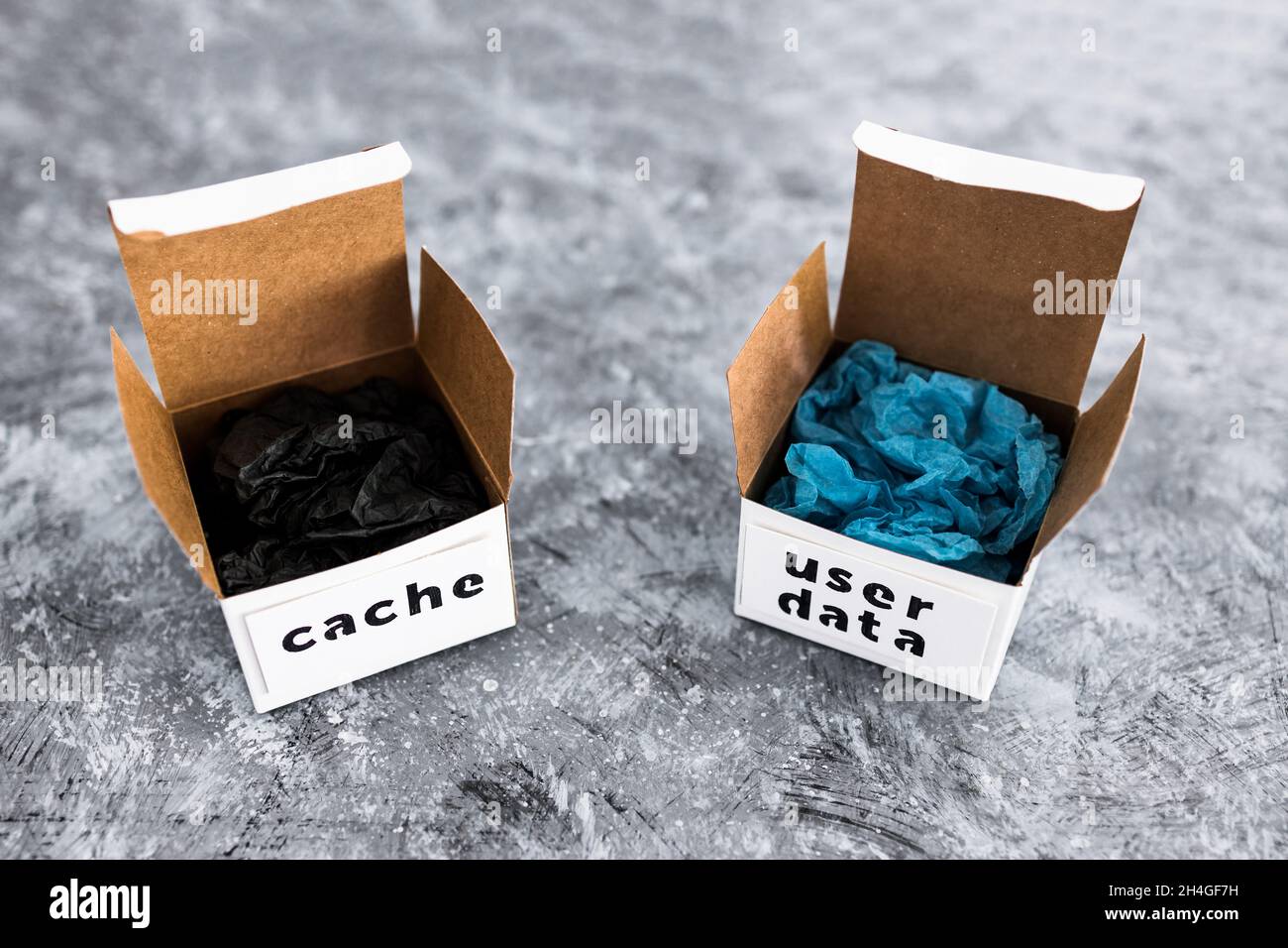 online privacy and stored information concept, metaphor of open boxes ...