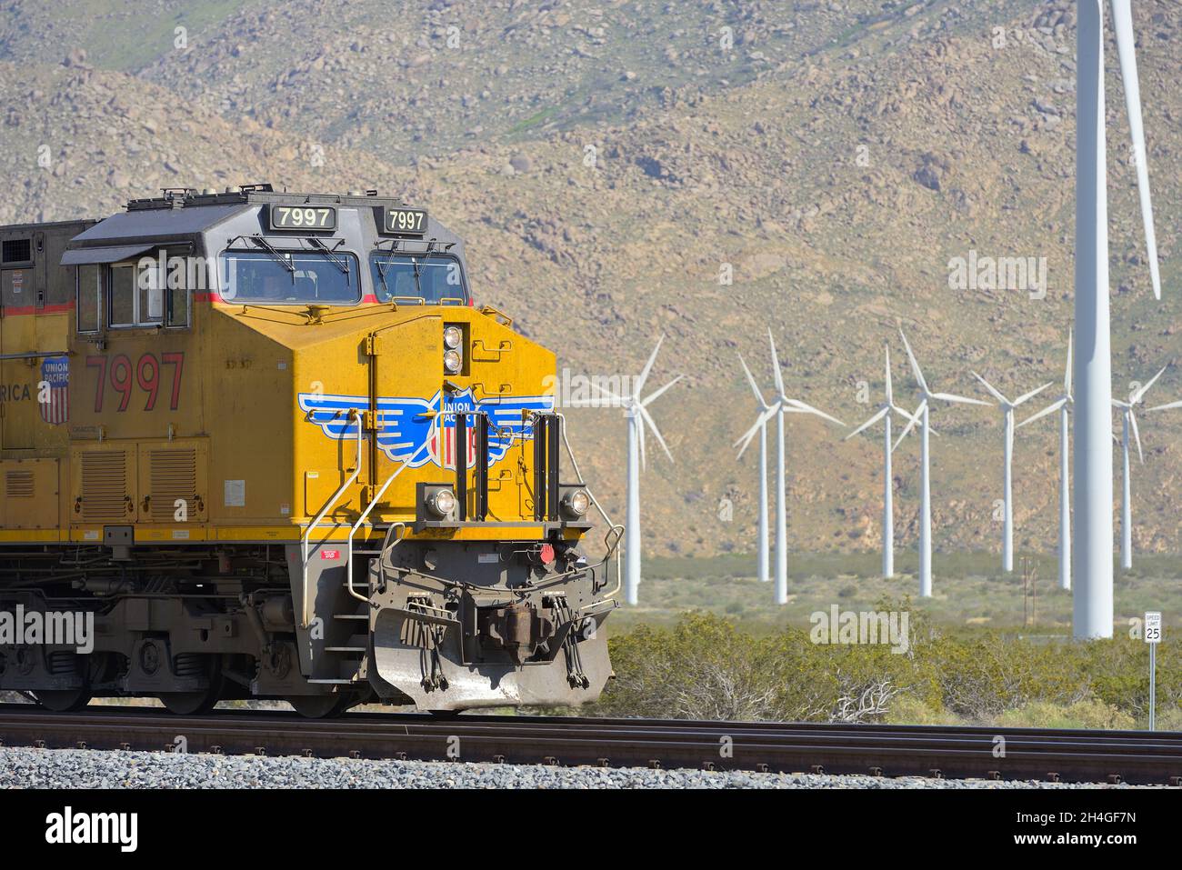 Western and Union Pacific freight trains passing the San Gorgonio Pass ...