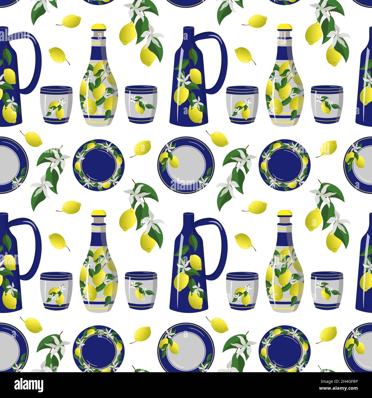 Crockery pattern with Italian design from lemons. A jug and a decanter ...