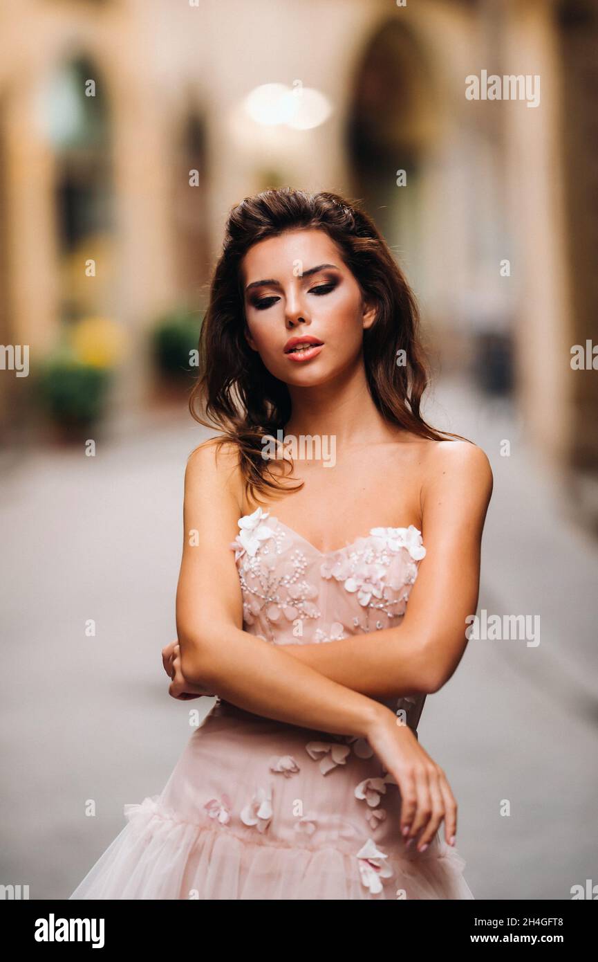 beautiful girl model in pink wedding dress photographed in Florence ...