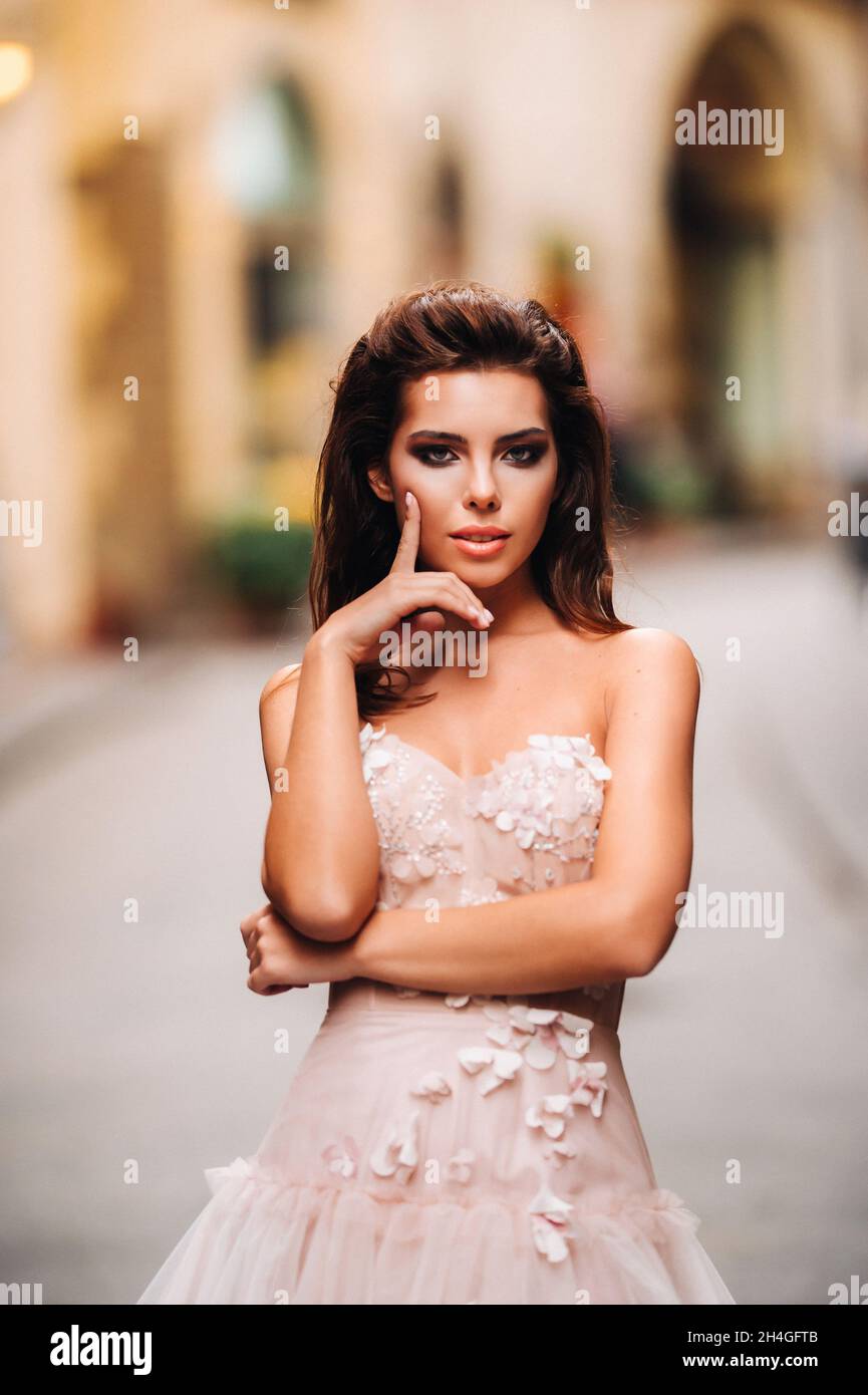 beautiful girl model in pink wedding dress photographed in Florence ...