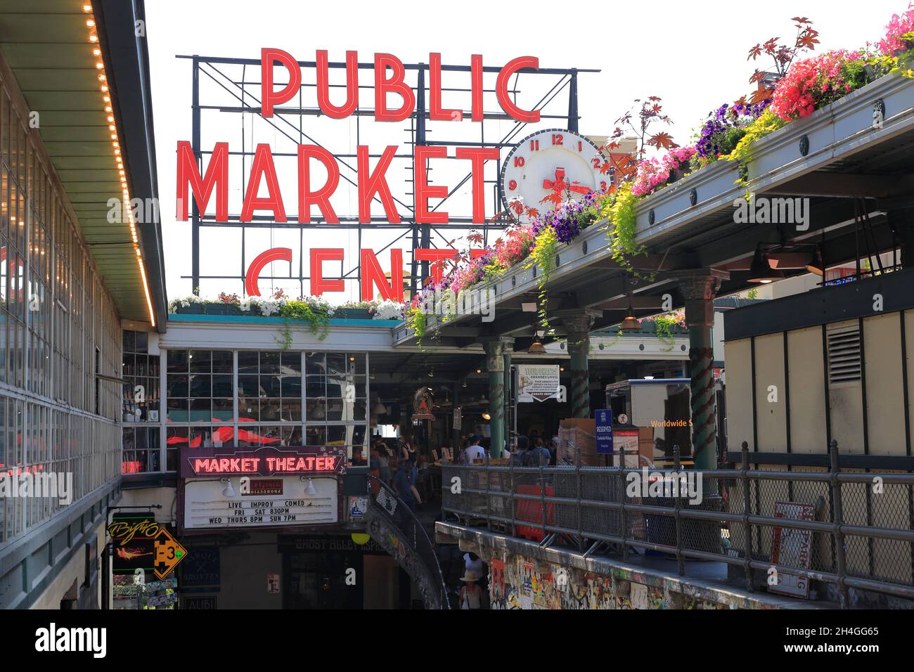 Neon sign of Public Market Center and Market Theater in Pike Place ...