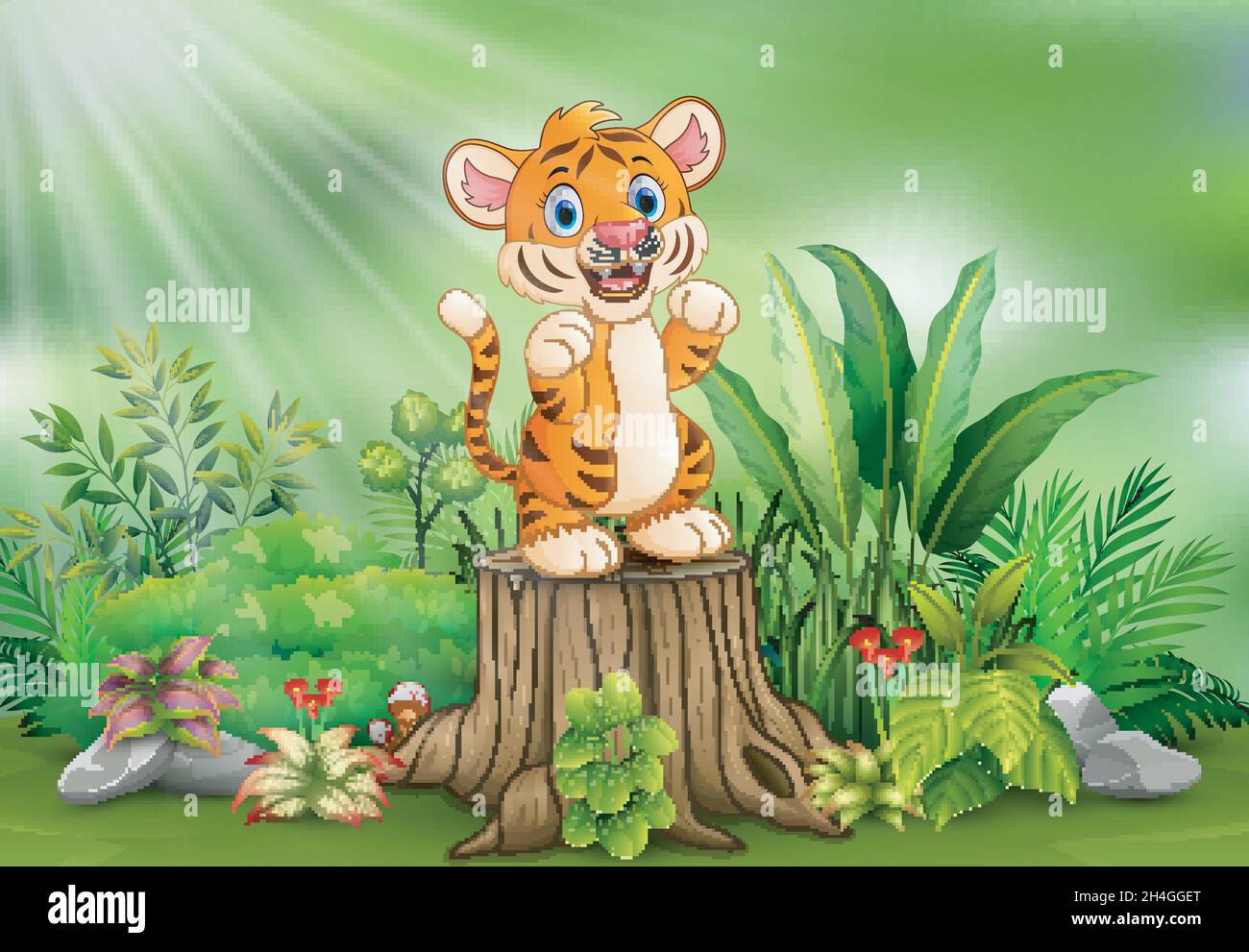 Cartoon happy tiger on tree stump with green plants Stock Vector Image ...