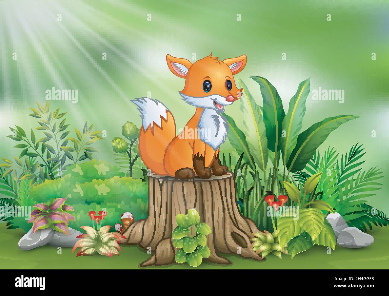 Cartoon happy fox sitting on tree stump with green plants Stock Vector ...
