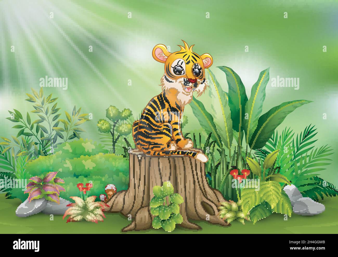 Cartoon happy tiger on tree stump with green plants Stock Vector Image ...