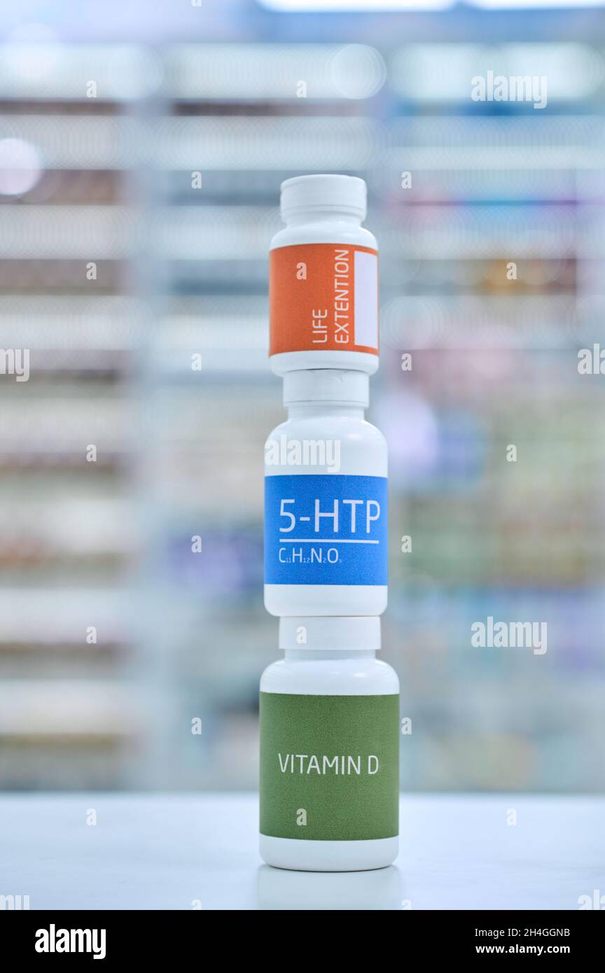 Pyramid of packages of important supplements and vitamins Stock Photo ...