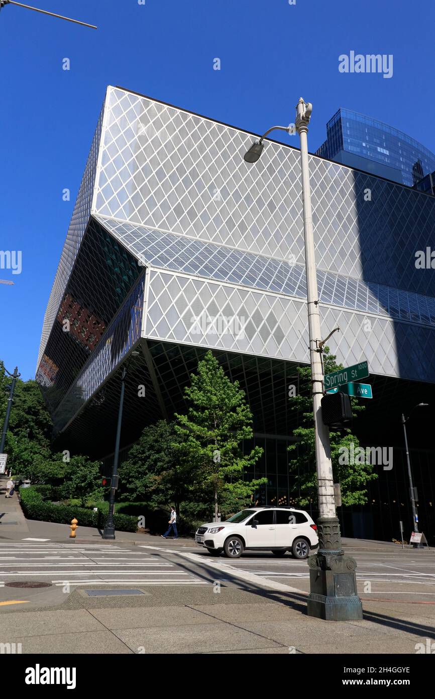 Exterior view of Seattle Central Library with sloped glass roof ...