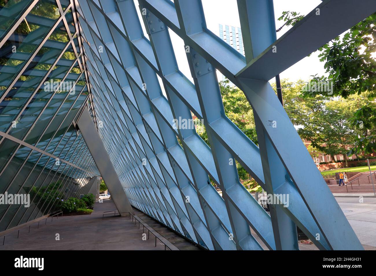 Glass and steel structure of Seattle Central Library with sloped glass ...