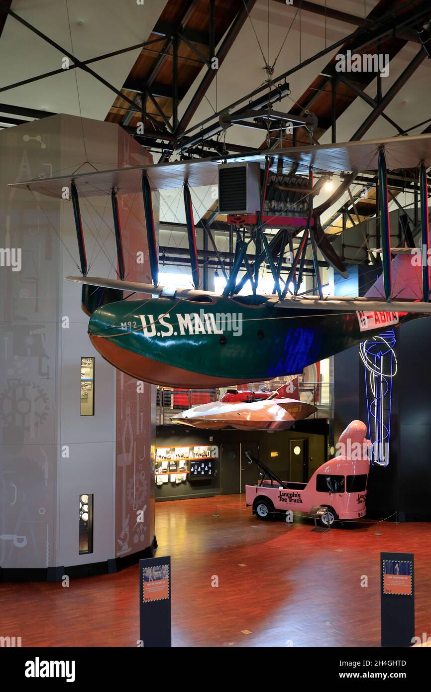 Grand Atrium of Museum of History & Industry with Boeing B-1 airplane ...