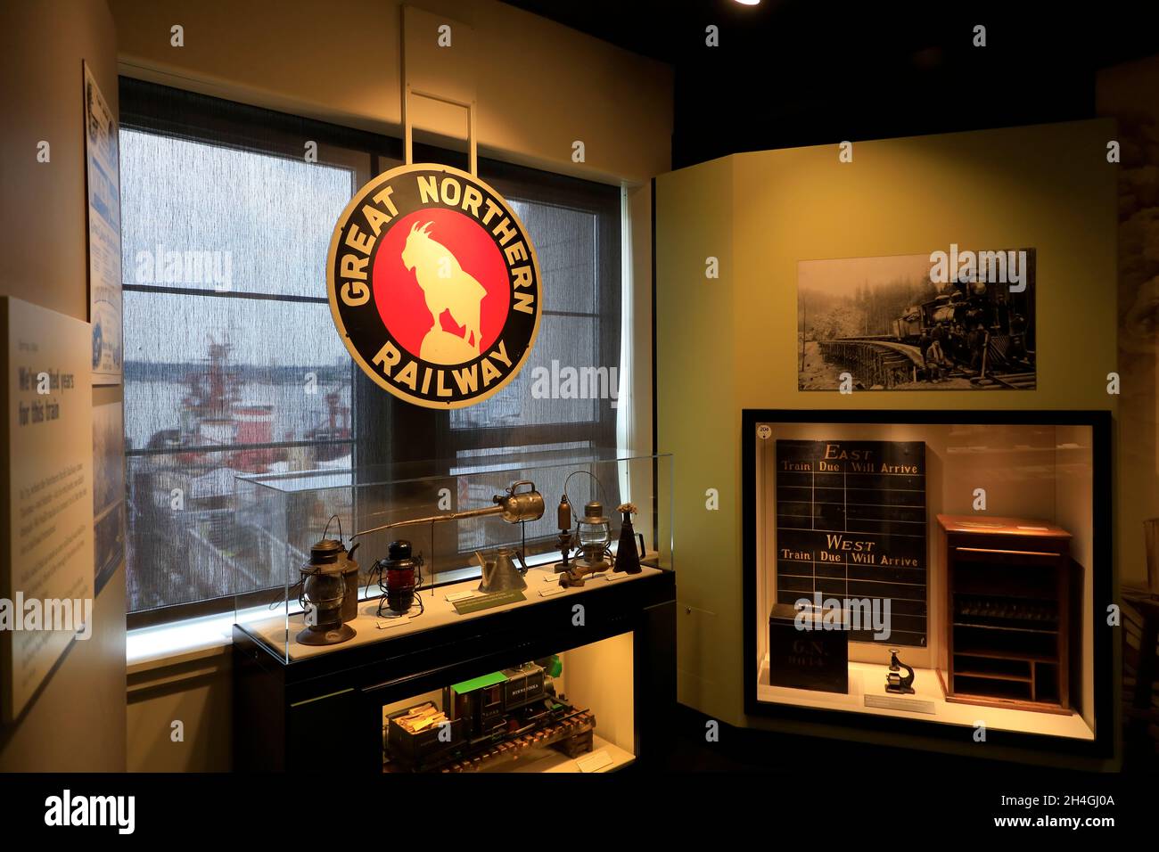 The Great Northern Railway logo with old railroad equipment in the ...