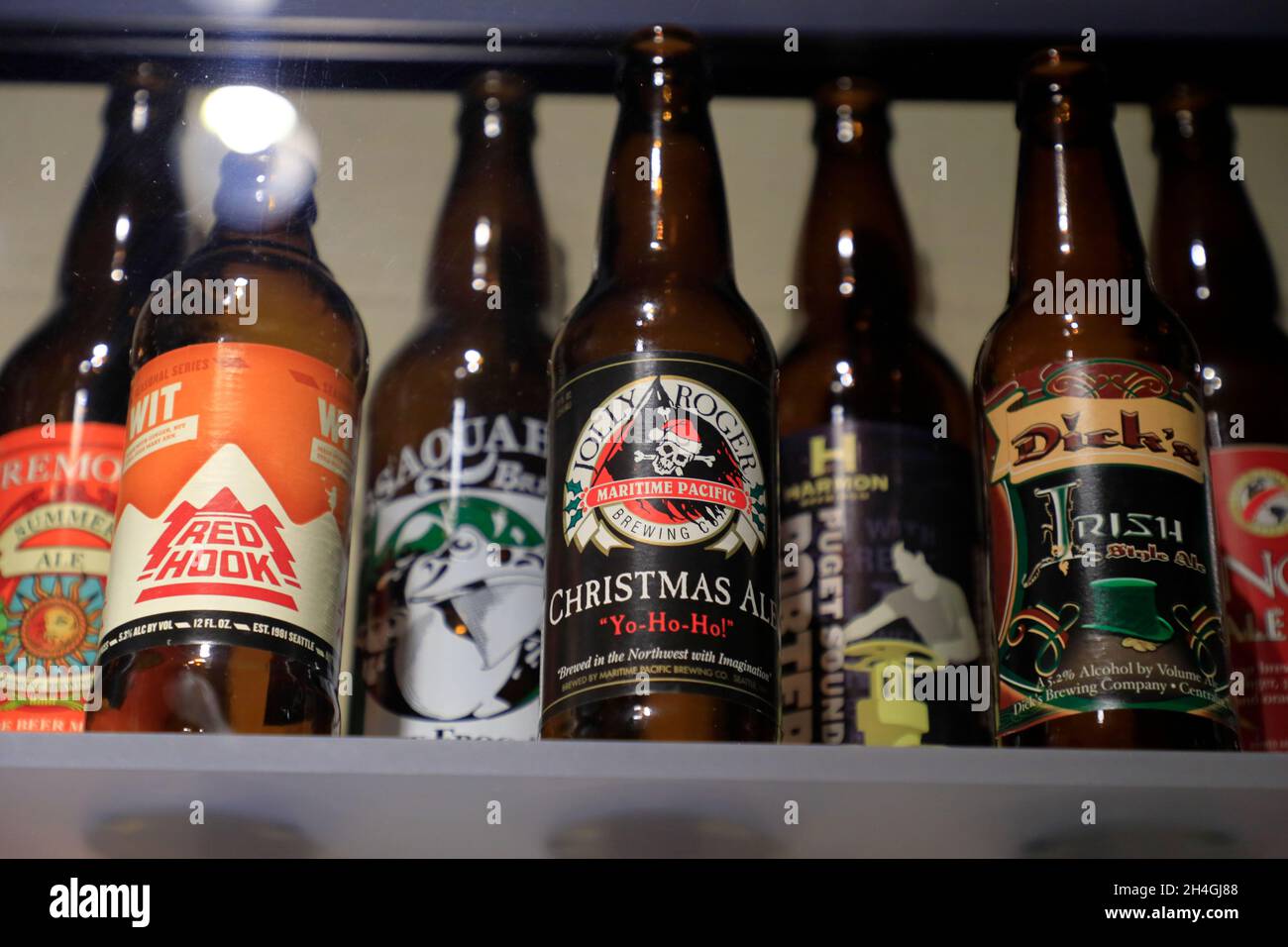 Empty beer bottles with brand labels from Seattle area breweries ...