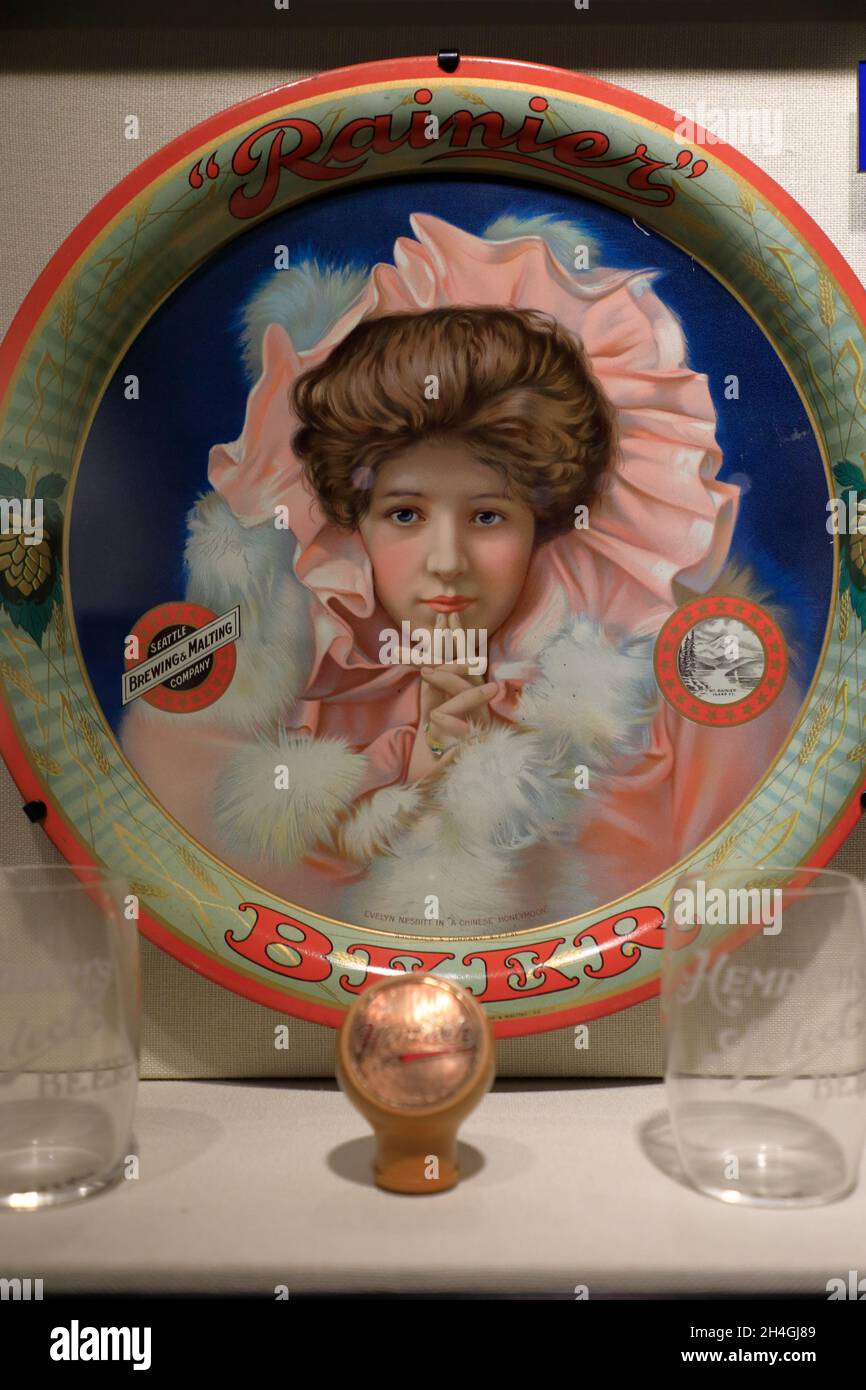 The tray with a beautiful woman's portrait of historic Rainier Beer ...