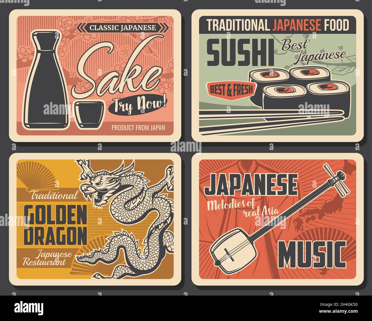 Japanese food restaurant and music retro banners. Sake rise wine ...